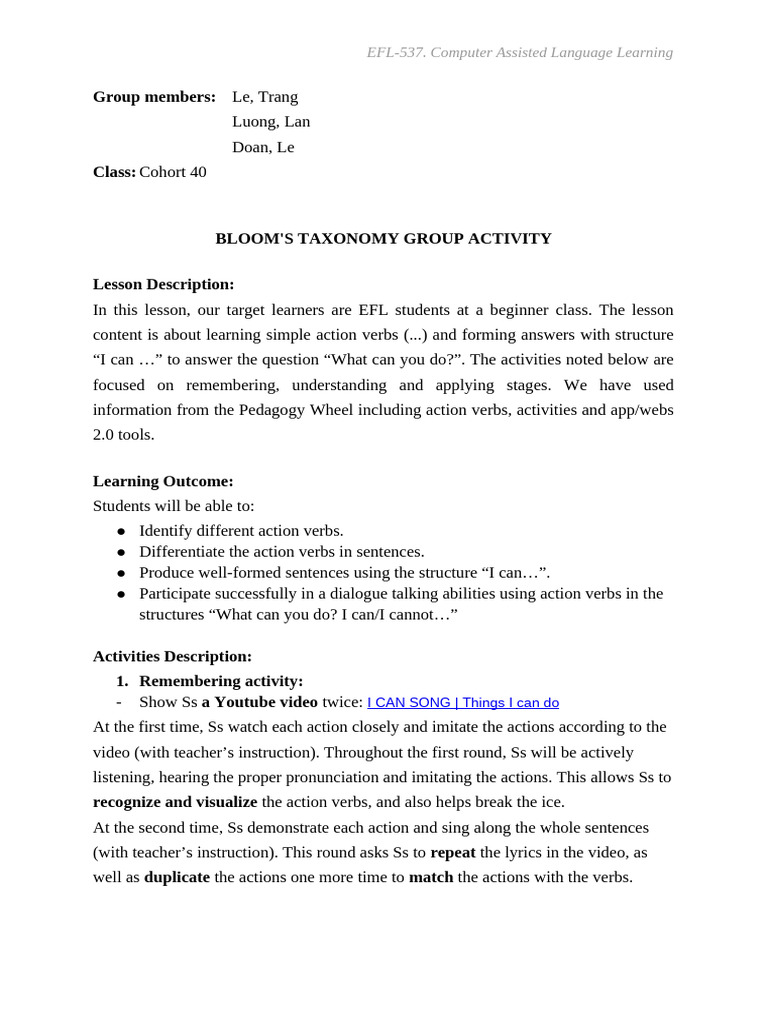 Day 1 - Bloom's Taxonomy Activity | PDF | Learning | Communication