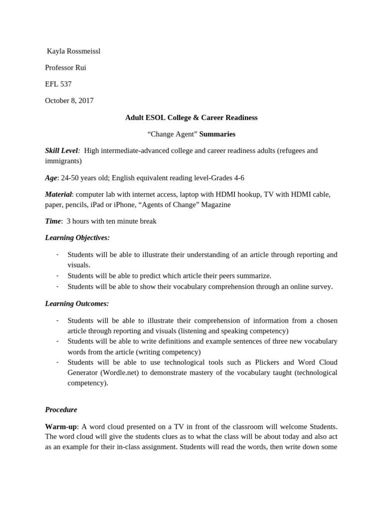 Mini Lesson Plan for ESOL Vocabulary | PDF | Reading Comprehension ...