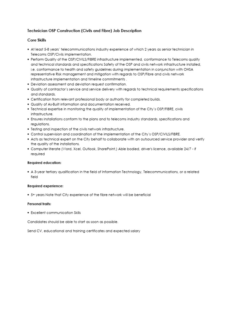 Technician OSP Construction (Civils and Fibre) Job Description | PDF