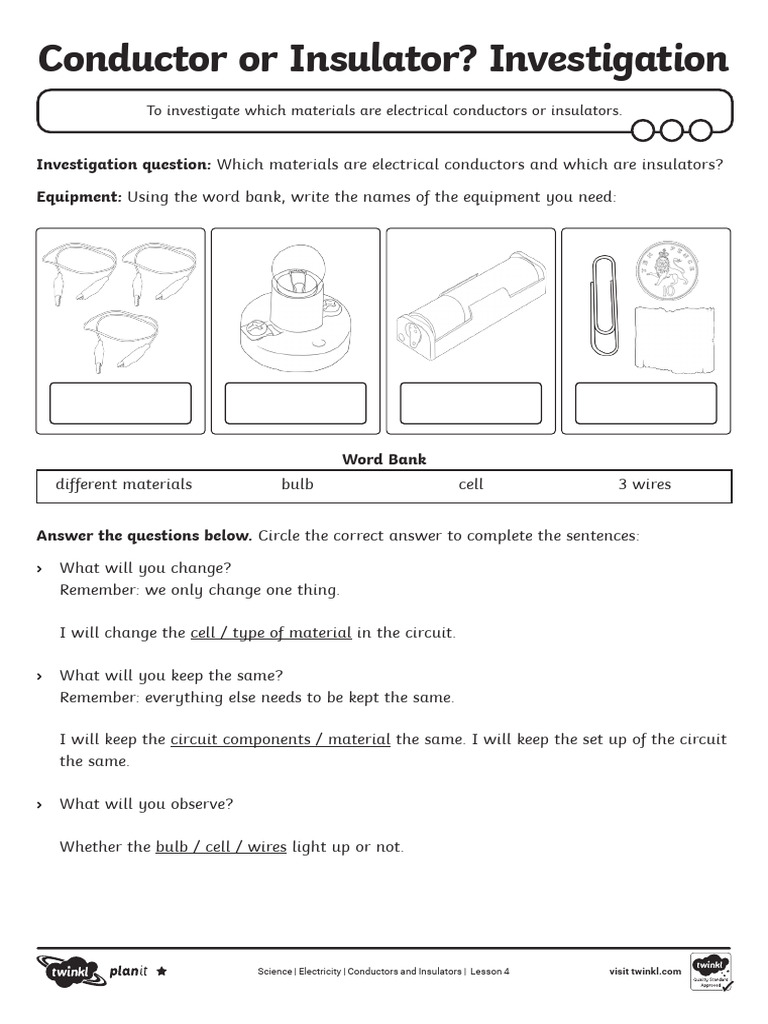 Conductor or Insulator Investigation Activity Sheet Black and White ...