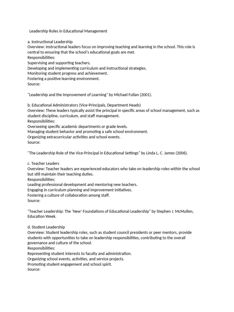 Leadership Roles in Educational Management DRAFT | PDF | Teachers ...