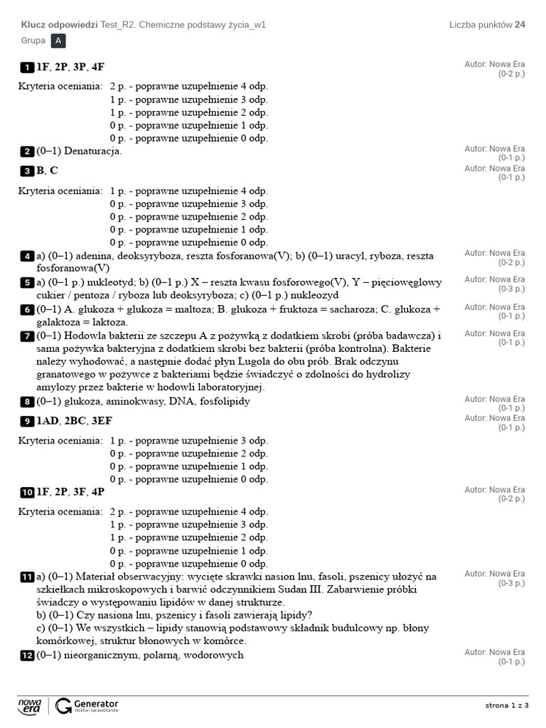 Test R2. Chemiczne Podstawy Życia w1 Klucz Odpowiedzi | PDF