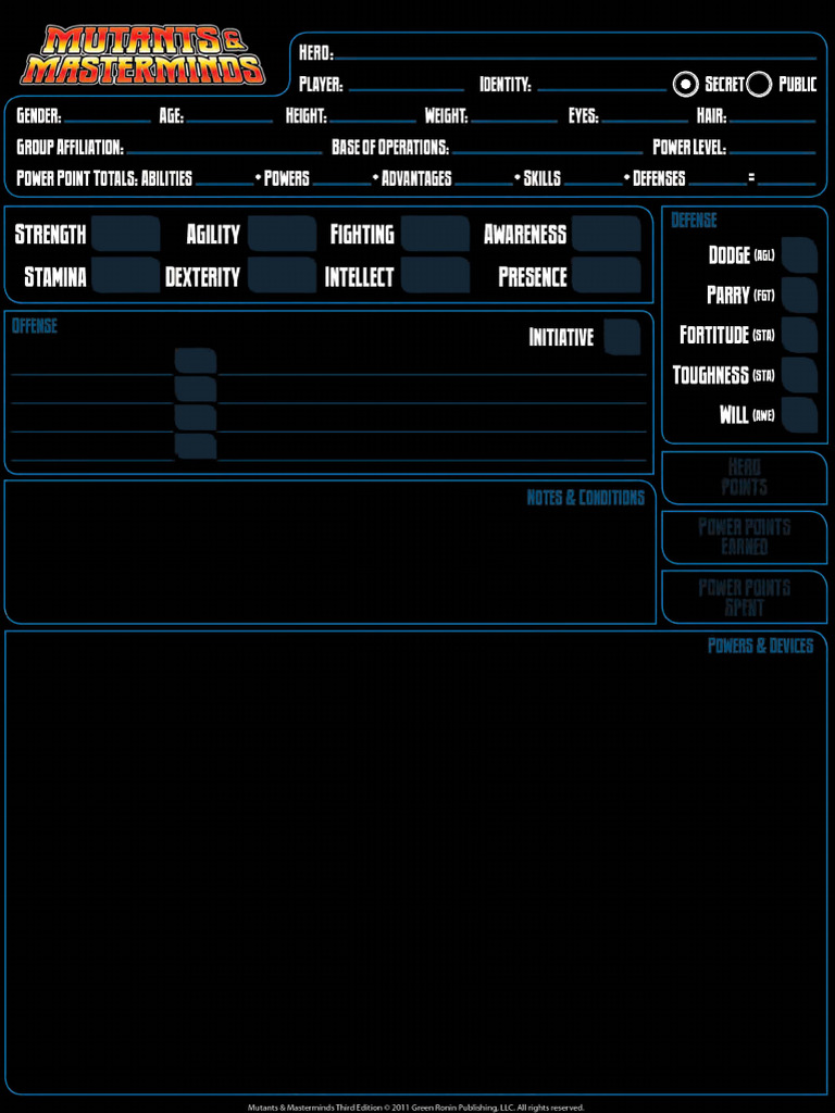 M&M Editable Character Sheet DarkMode | PDF
