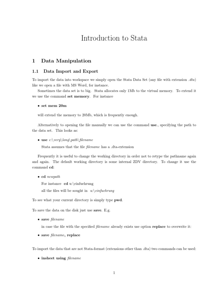 Introduction To Stata: 1 Data Manipulation | PDF | Ordinary Least Squares | Regression Analysis
