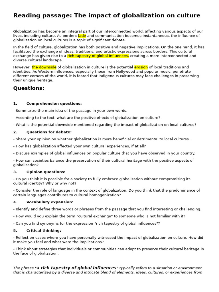 Reading passage The impact of globalization on culture | PDF ...
