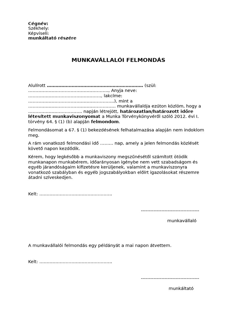 Munkavallaloi Felmondas Minta | PDF