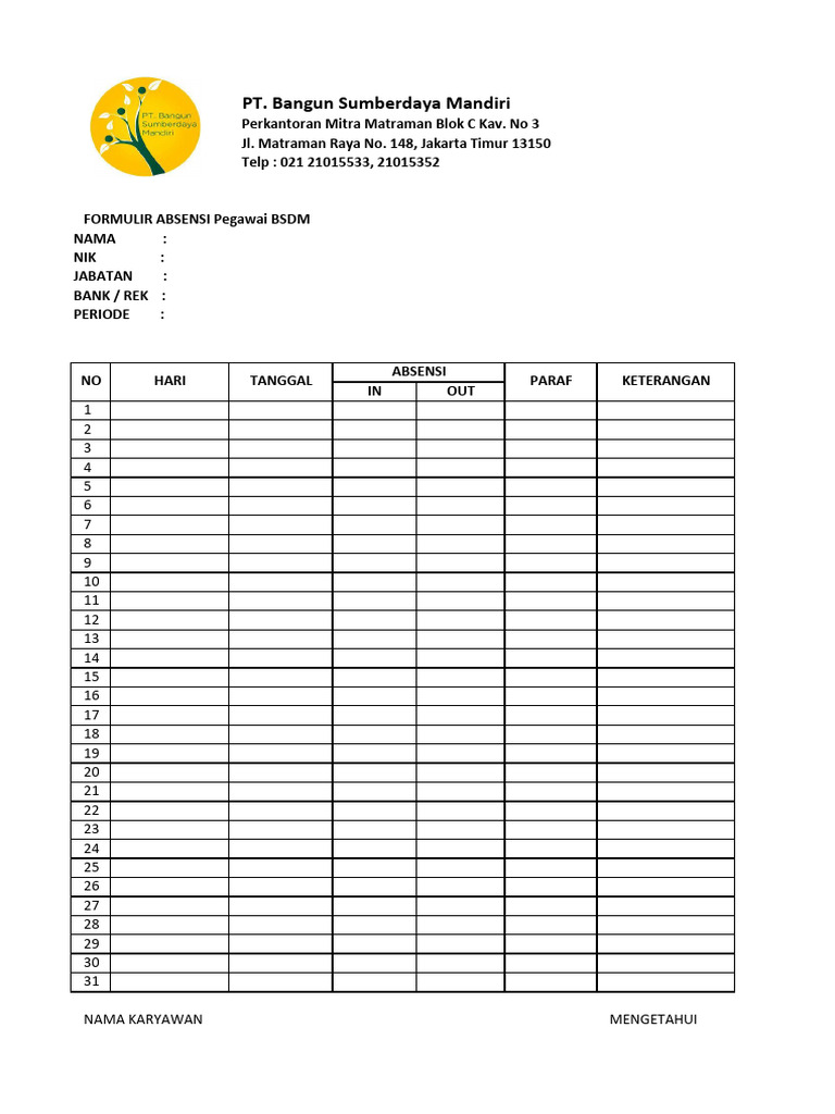 Form Absensi Tad | PDF