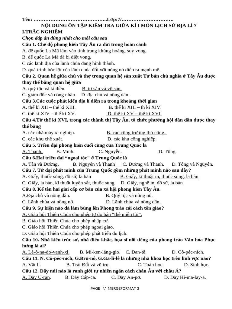 LSDL7-NỘI DUNG ÔN TẬP KTGKI | PDF