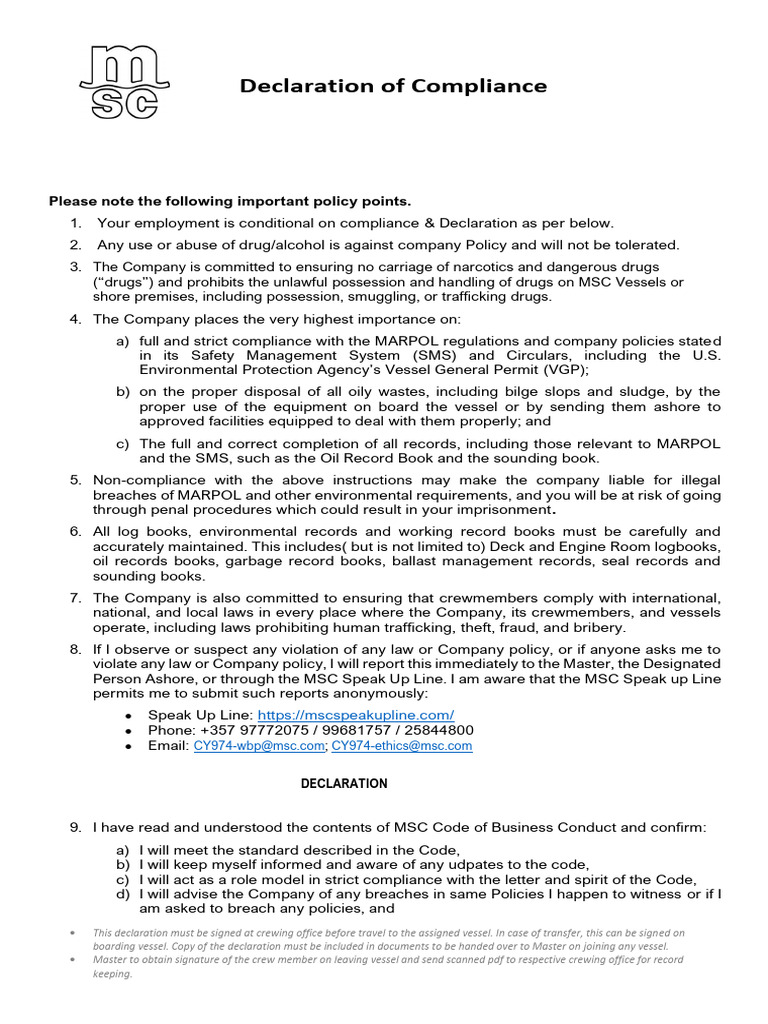MSC Declaration of Compliance 2022 Effective 1st NOV 2022 (Mandatory ...