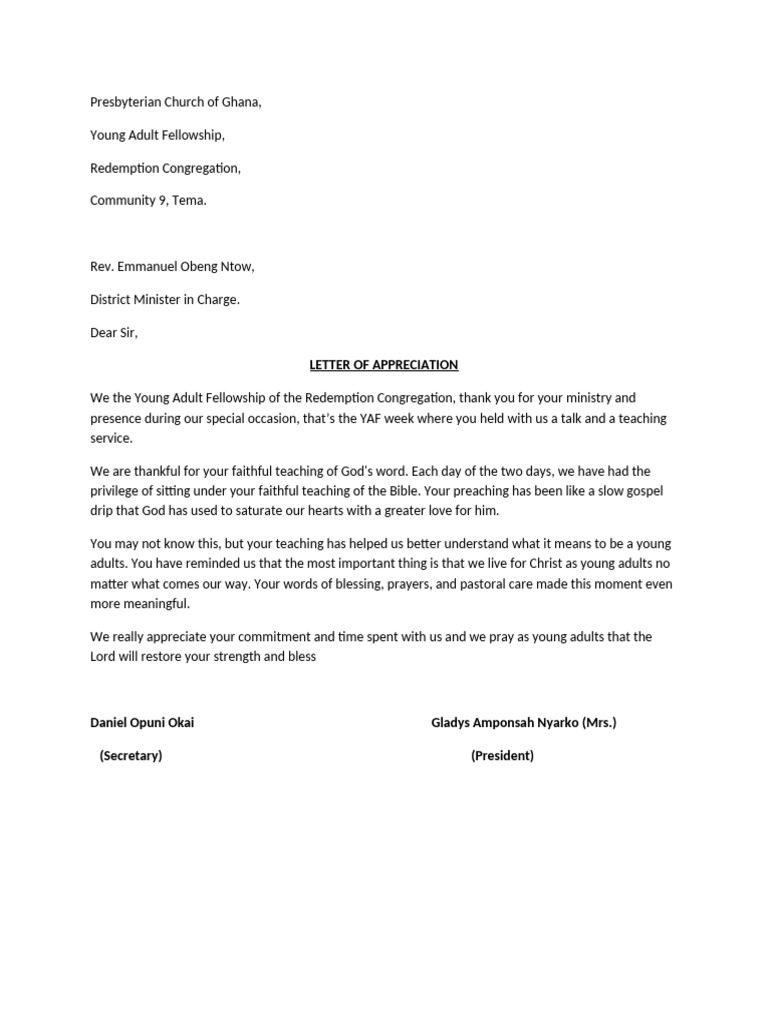 Appreciation Letter to Rev. Emmanuel Ntow | PDF