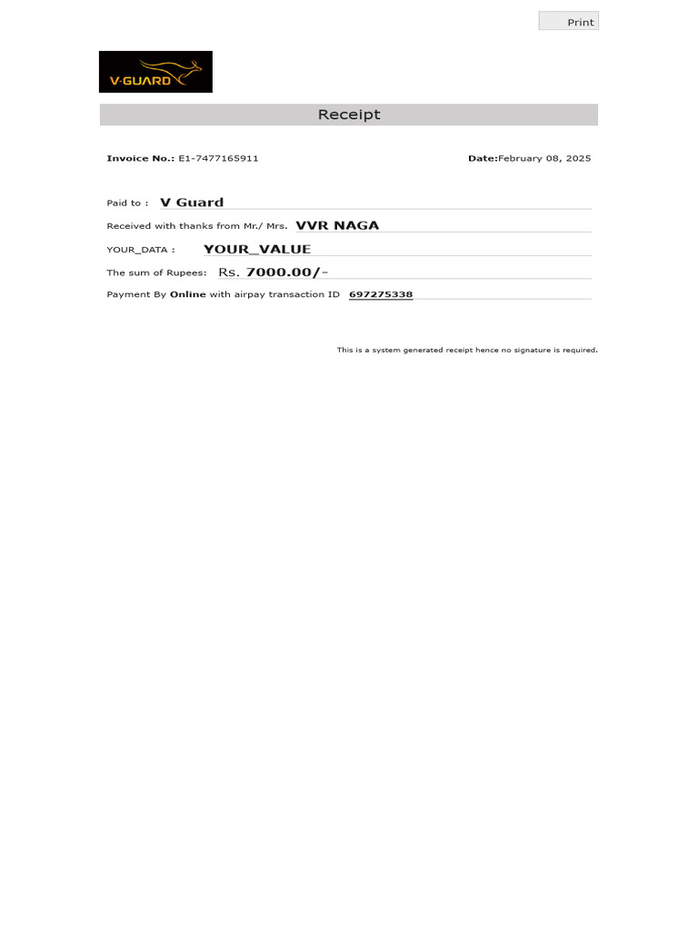 V Guard Payment Receipt - Rs. 7000 | PDF