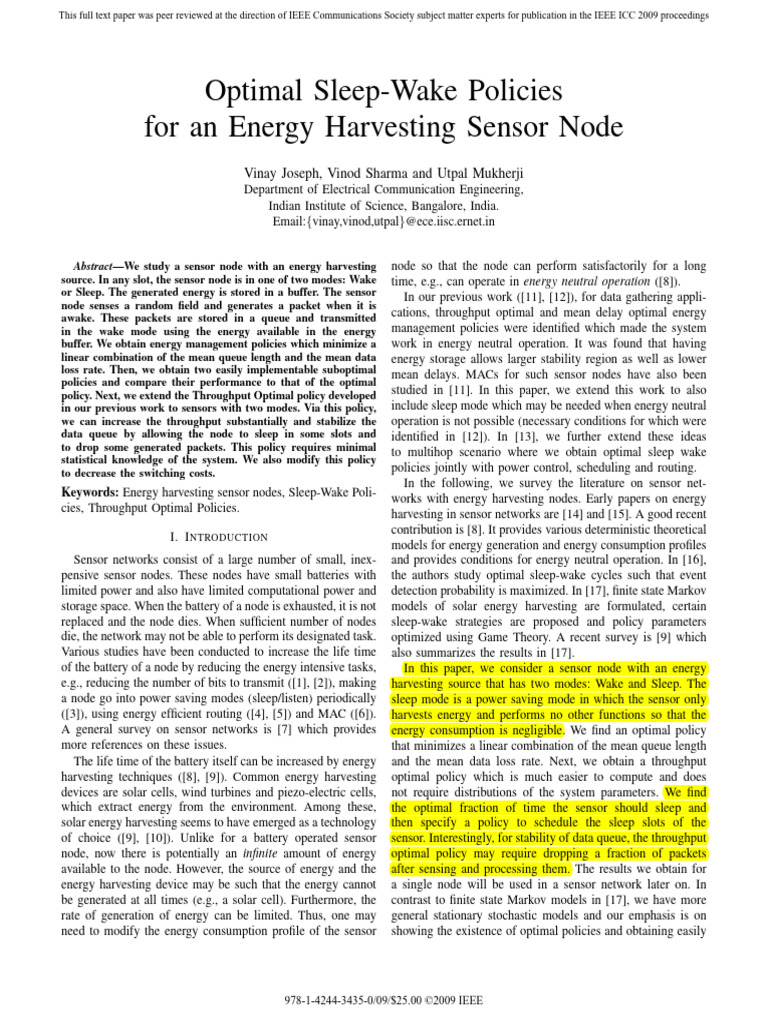 (2009 - C - 6) Optimal Sleep-Wake Policies for an Energy Harvesting Sensor Node | PDF | Wireless ...