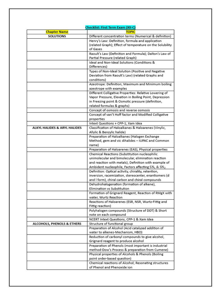 First Term Exam Checklist: Chemistry XII-C | PDF | Electrochemistry ...