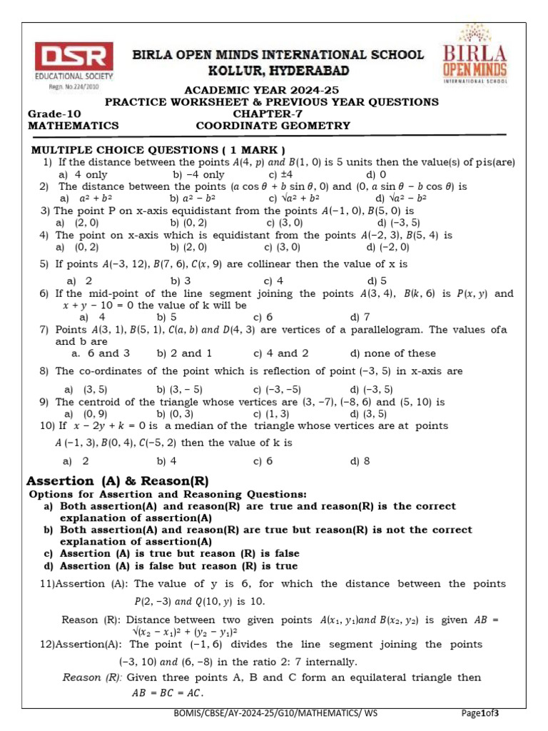 Grade 10 Maths Ch-7 Coordinate Geometry Worksheet (2024-25) | PDF | Triangle | Circle