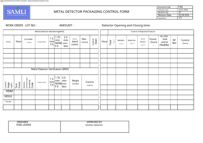 Metal Detector Packaging Control Form | PDF