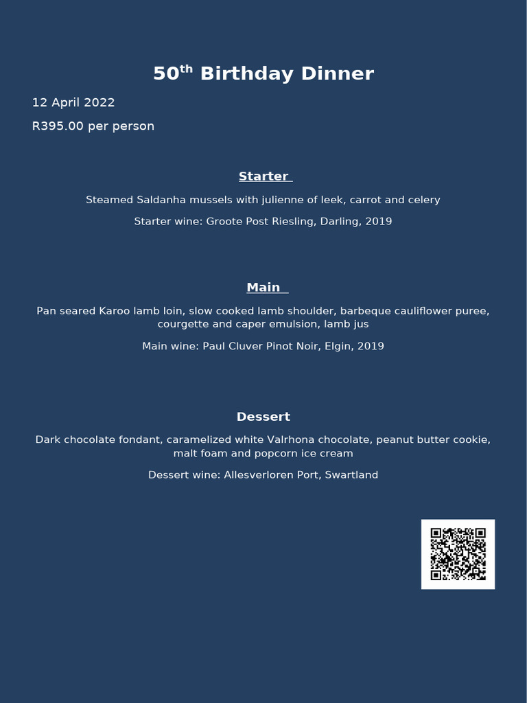 50th Birthday Dinner Menu Details | PDF