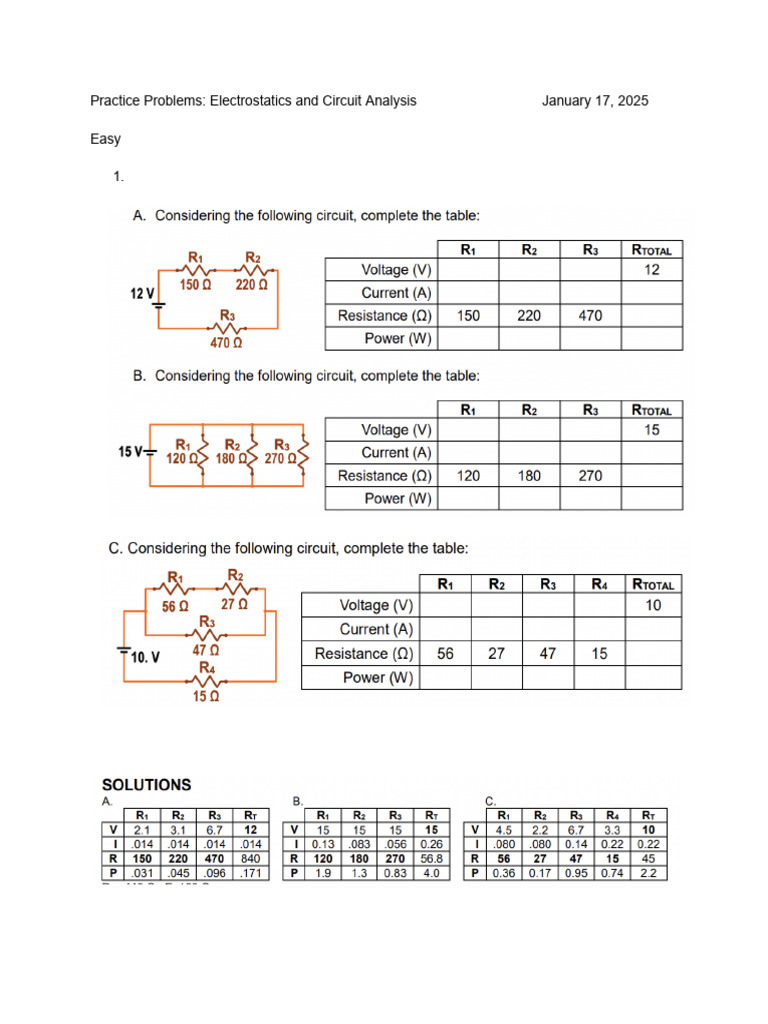 Practice Problems - Electrostatics and Circuit Analysis - January 17, 2025 | PDF