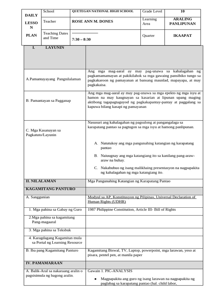 Daily Lesso N Plan 10 Rose Ann M. Dones Araling Panlipunan - 7:30 - 8: ...