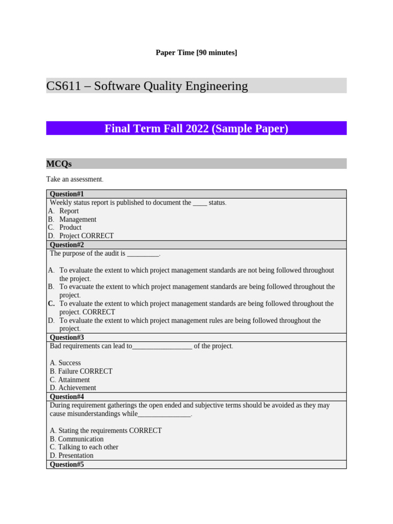 CS611 Software Quality Engineering Exam | PDF | Software Testing ...