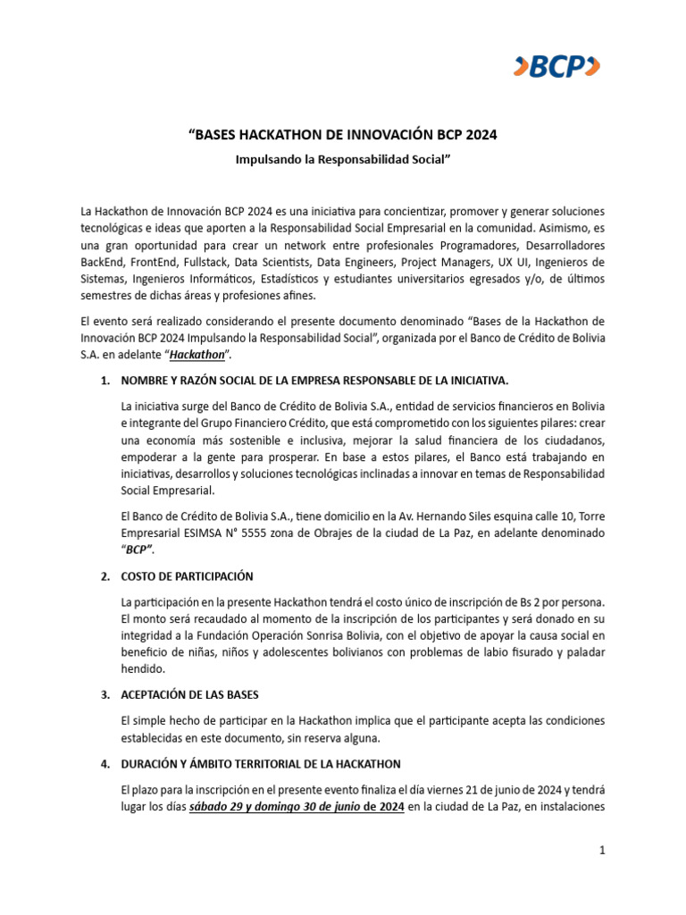 Bases Hackathon de Innovación BCP 2024 | PDF | Responsabilidad social corporativa | Diseño