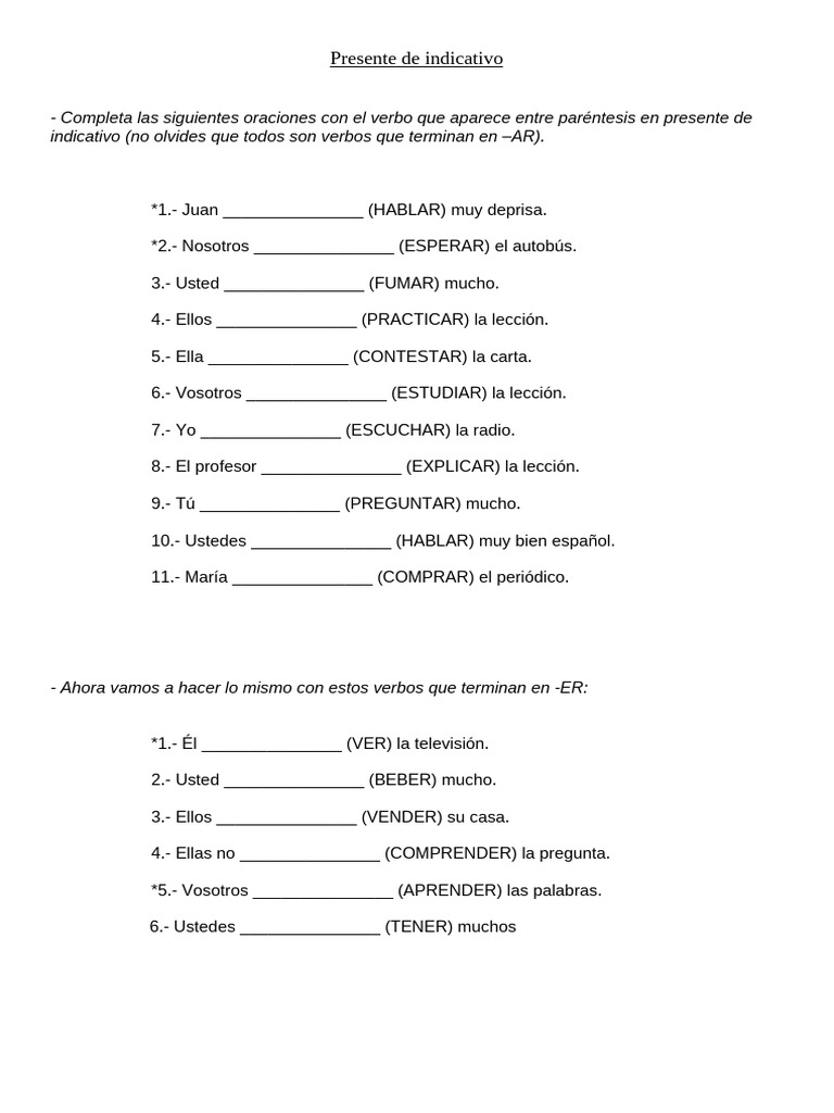 Presente de Indicativo Verbos en AR y ER | PDF