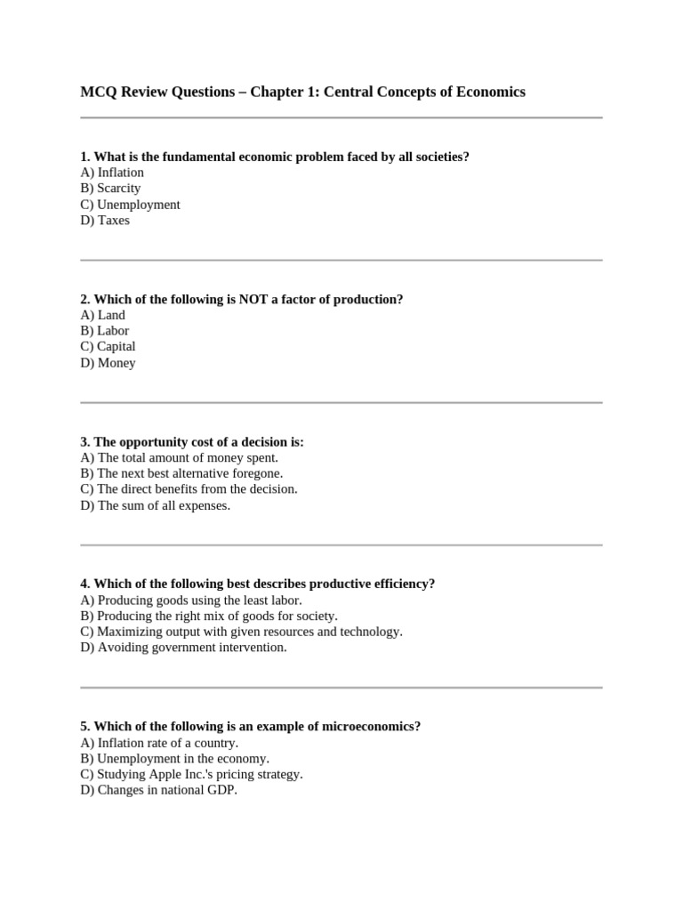 MCQ Questions Only - Chapter 1 and 2 Central Concepts of Economics ...