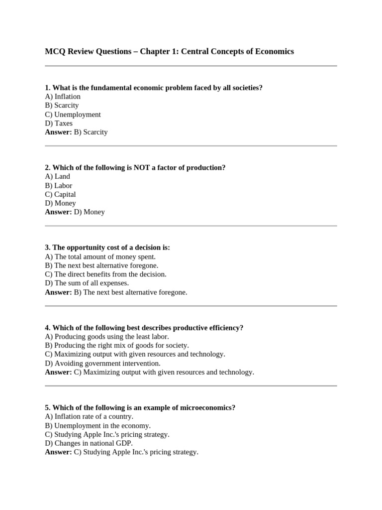 Economics Chapter 1 MCQ Review | PDF | Economics | Economies