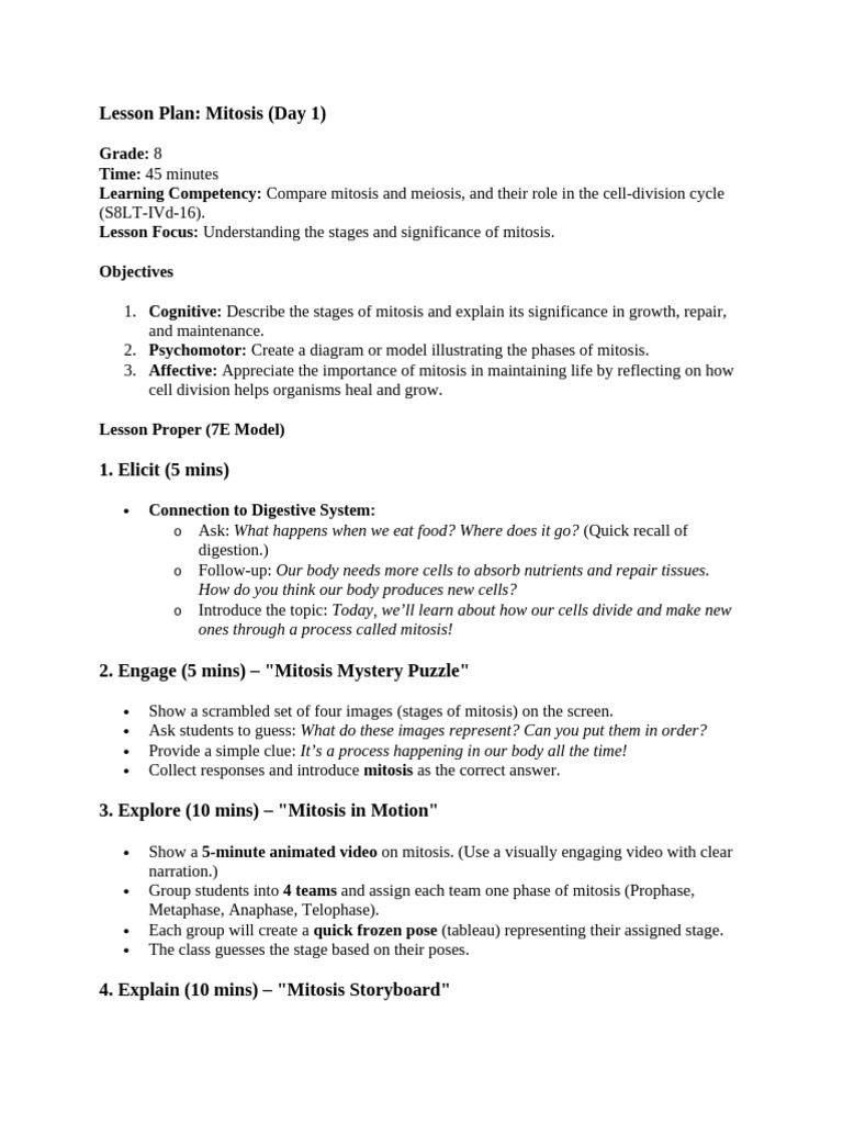 Lesson Plan Mitosis (Day 1) | PDF | Mitosis | Biology