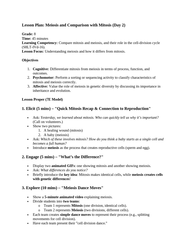 Lesson Plan - Meiosis and Comparison With Mitosis (Day 2) | PDF ...
