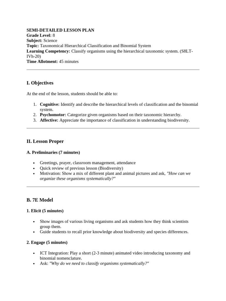 SEMI-DETAILED LESSON PLAN SCIENCE 8 - Taxonomical Hierarchical ...
