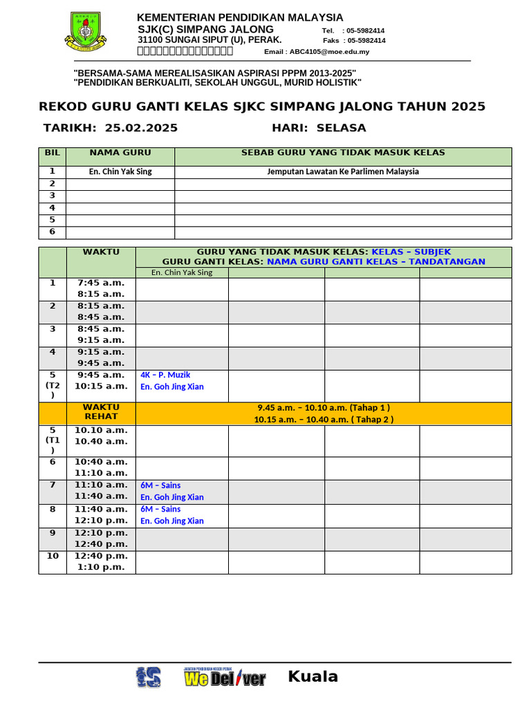 Rekod Guru Ganti Kelas 25.02.2025 SELASA | PDF
