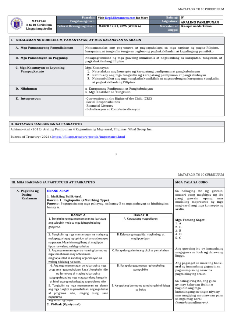 DLL Matatag - Araling Panlipunan 4 Q4 W6 | PDF