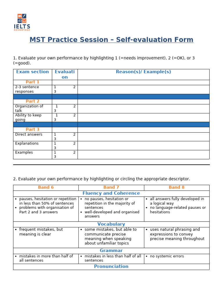 IELTS Self-Evaluation Form For Speaking | PDF