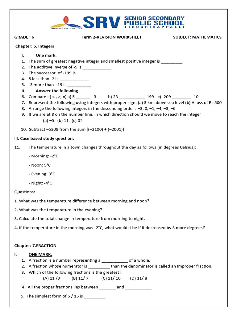 Grade 6 Maths Term 2 Revision Worksheet | PDF | Area | Integer