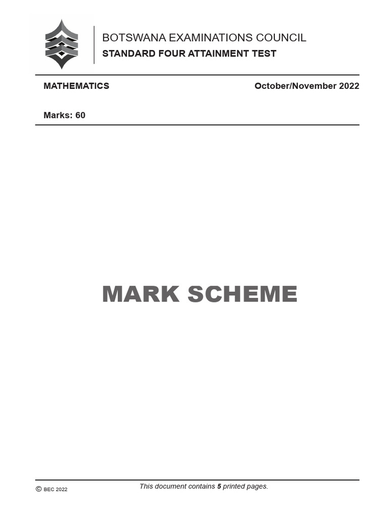 2022 Std 4 Mathematics Mark Scheme-1 | PDF