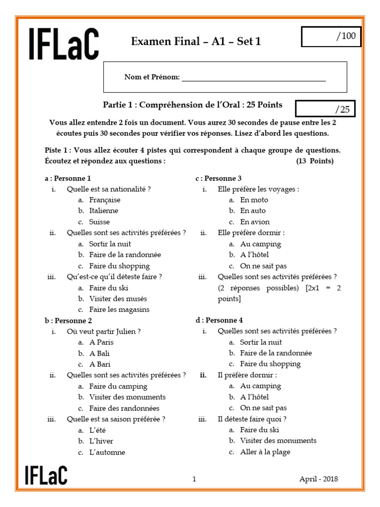 Examen Final A1 - Compréhension orale | PDF