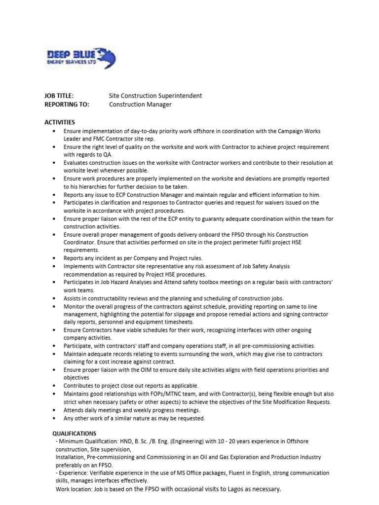Offshore Construction Superintendent Role | PDF | Business
