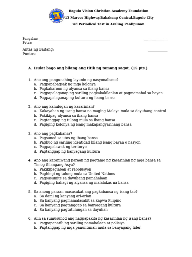 AP 7 3rd Quarter Examination | PDF