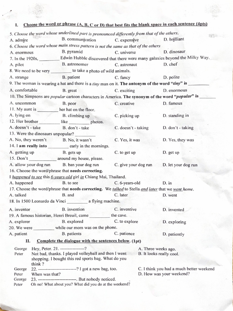 I. Choose The Word or Phrase (A, B, C or D) That Best Fits The Blank ...