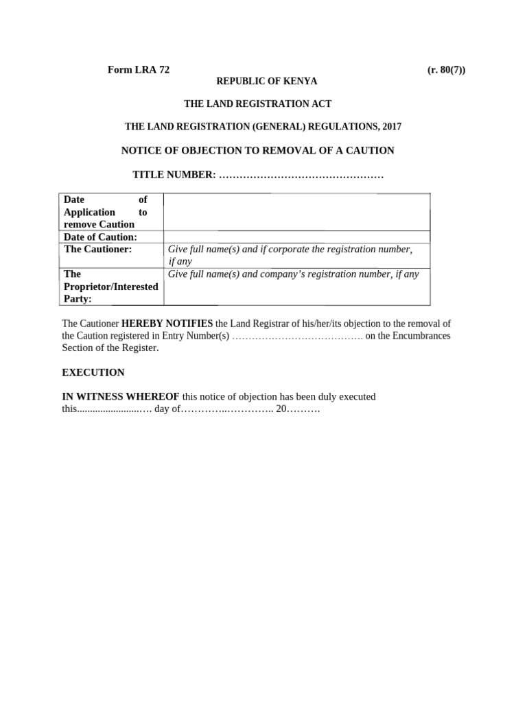 Form LRA 72 NOTICE OF OBJECTION TO REMOVAL OF A CAUTION | PDF