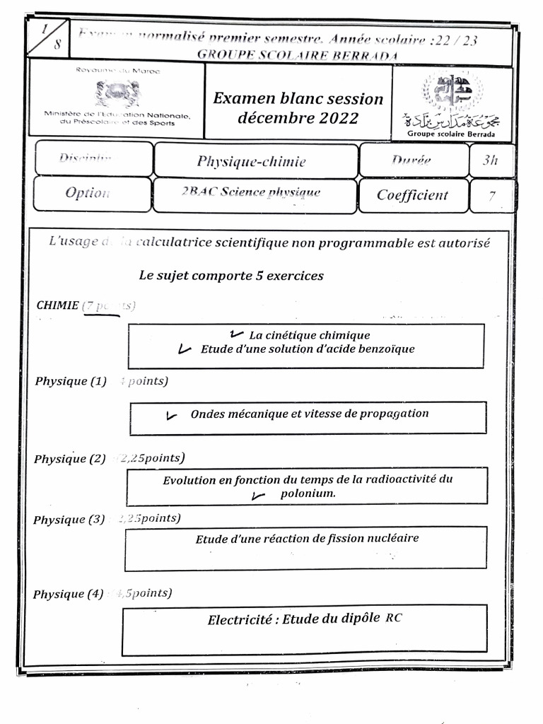 Examen Blanc N3 Semestre 1 2bac PC Biof | PDF