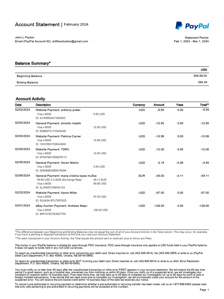 Paypal Account Statement Balance Summary PR | PDF | Pay Pal | Credit Card