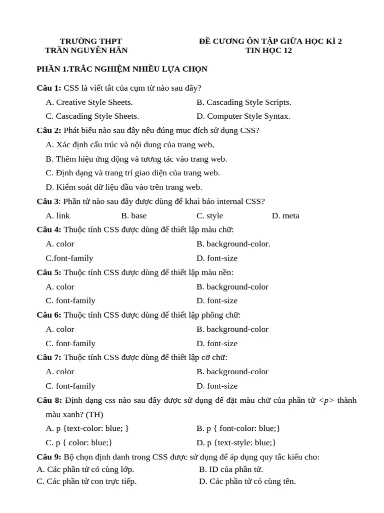 TIN 12 - ĐỀ CƯƠNG GIỮA HKII (HS) | PDF