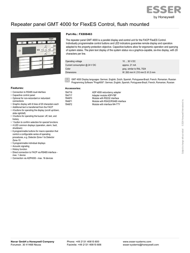 FX808463 - Repeater Panel GMT 4000 For FlexES Control Flush Mounted ...