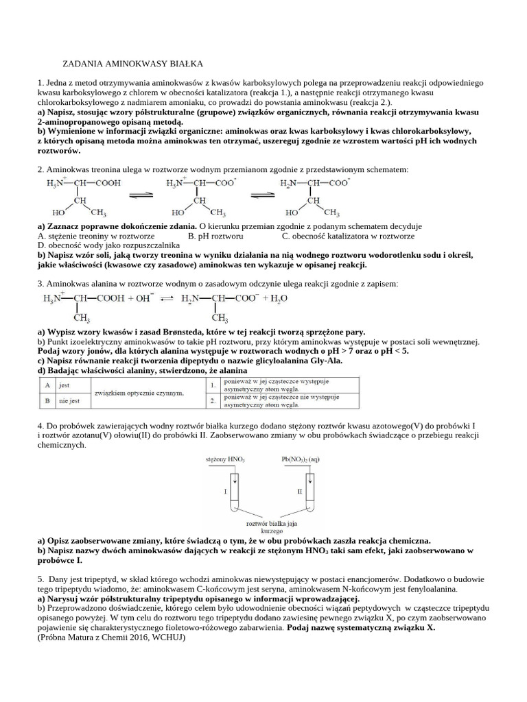 Zadania Aminokwasy Białka | PDF