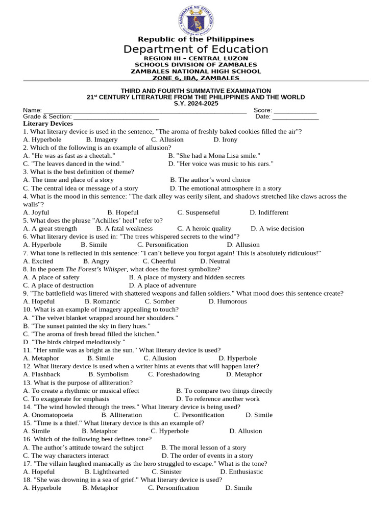 21st Century Literature Exam: Literary Devices | PDF | Metaphor