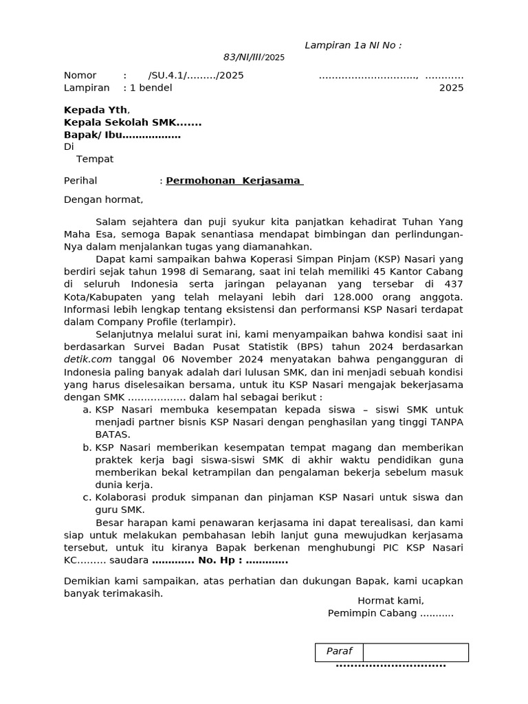 Surat Permohoan PKS Dengan SMK Des 2024 Fix | PDF