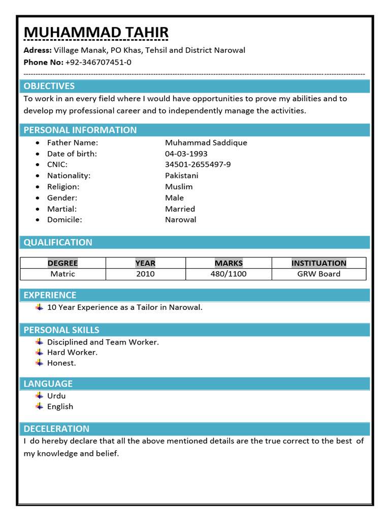 Muhammad Tahir - Tailor Resume Narowal | PDF