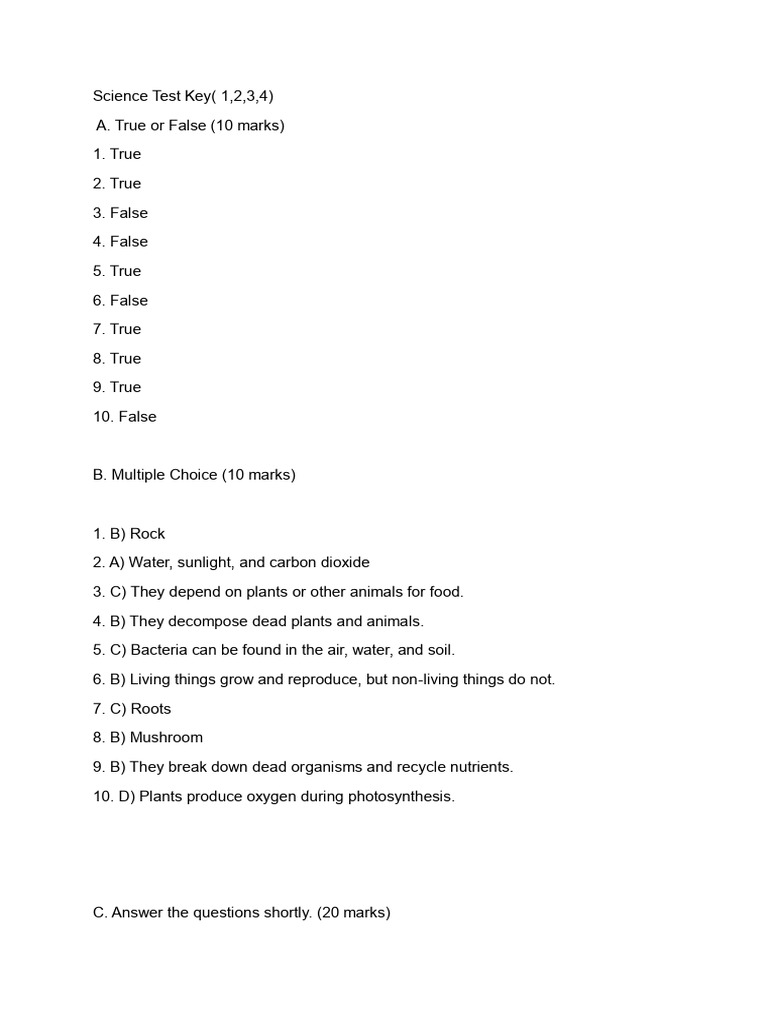 Science Test Key: True/False & MCQ Answers | PDF