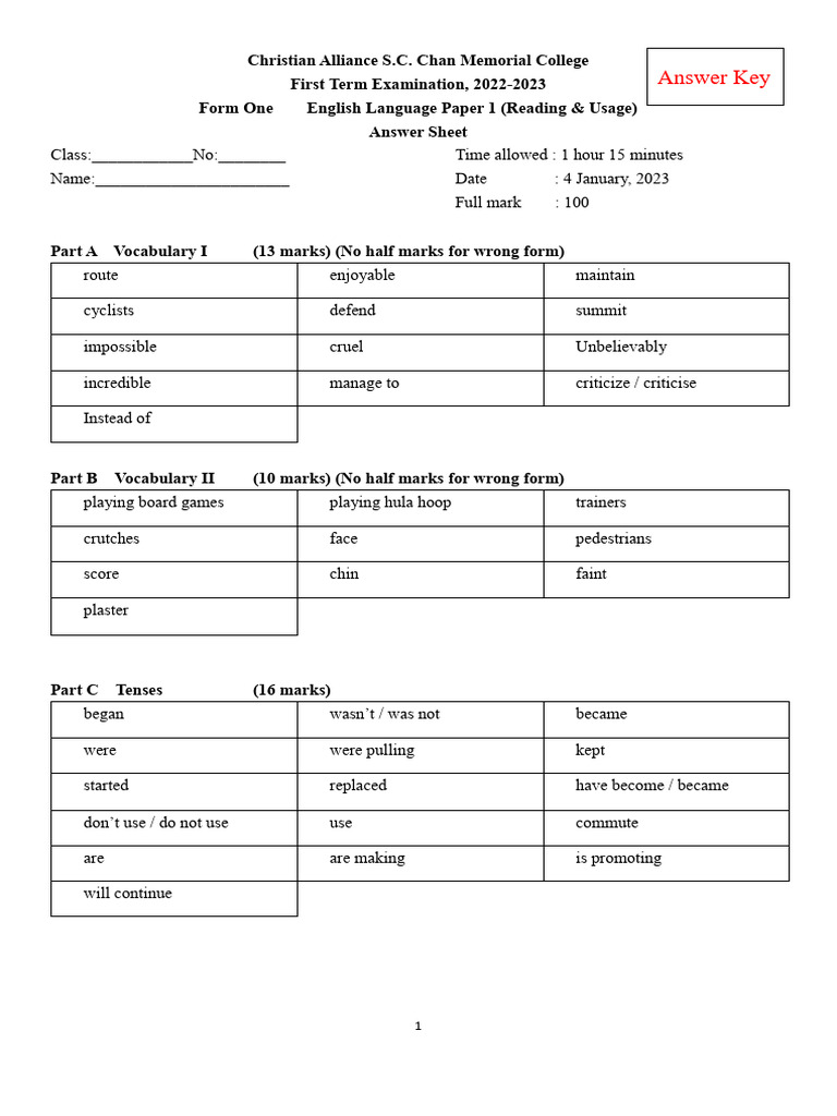 Form One English Exam Answer Key | PDF | Linguistics